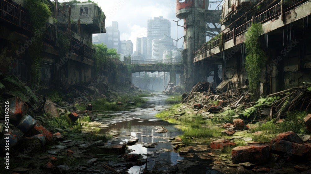 Craft a desolate scene of urban decay, overgrown vegetation, and ...