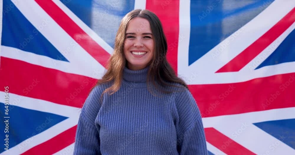Woman, face and happy in United Kingdom, flag and pride in country ...