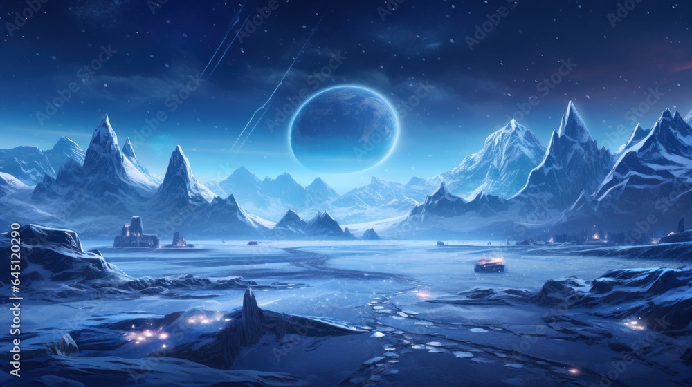 Illustrate an icy and alien planet with towering ice spires, frozen ...