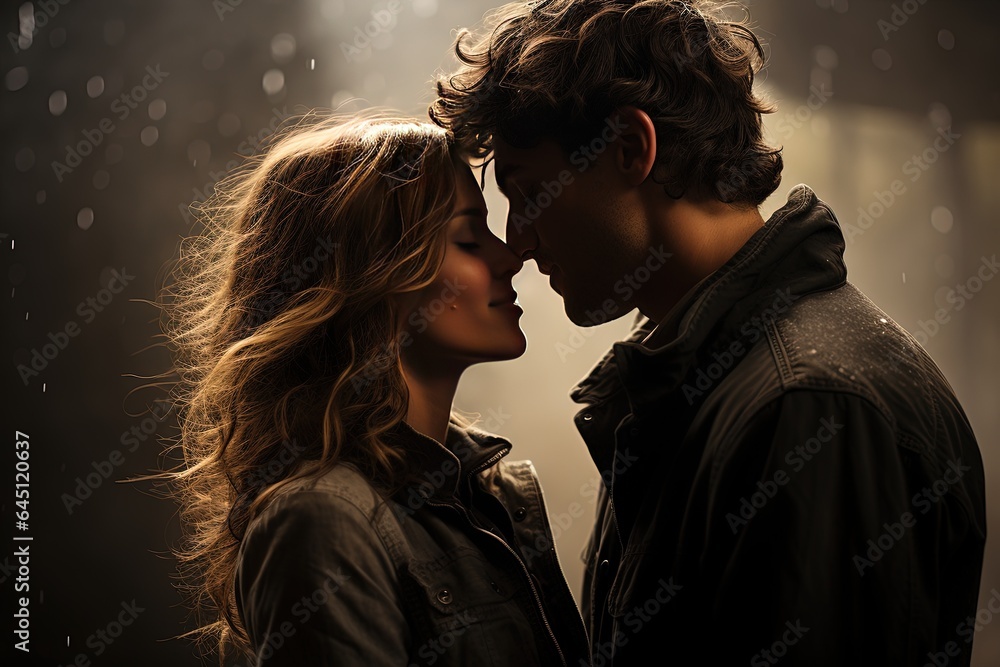 An intimate and amorous kiss between two people deeply in love, their ...