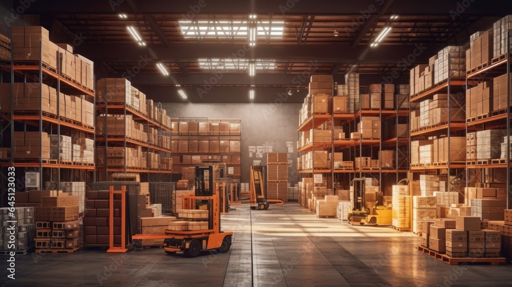 A warehouse with goods being organized and shipped, representing the ...