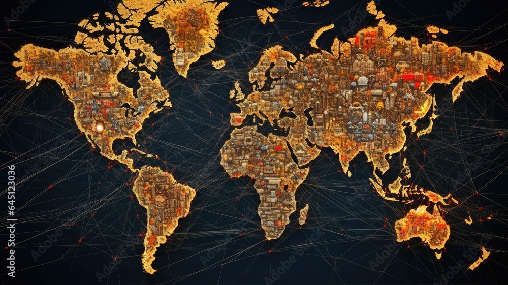 A world map with cargo ships and planes traversing global routes ...