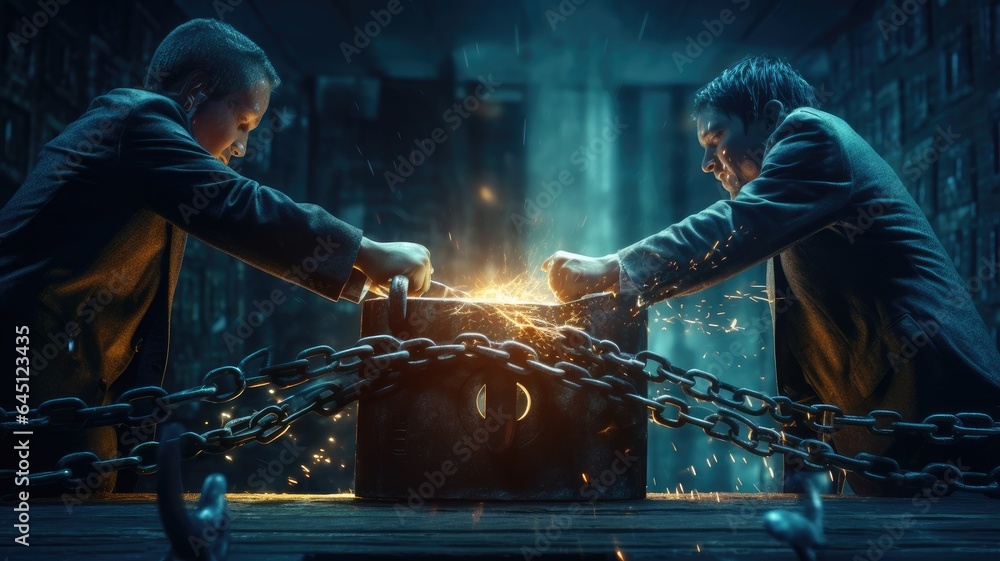 A hacker and a cybersecurity professional engaged in a digital tug-of ...