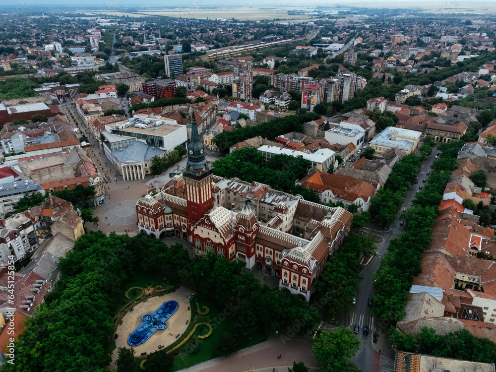 Subotica city hall and main square colorful street view, Vojvodina ...