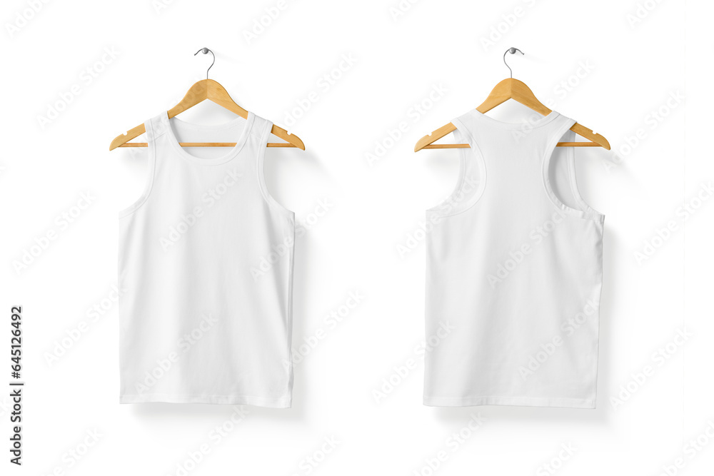 Blank White Tank Top Shirt Mock-up on wooden hanger, front and rear ...