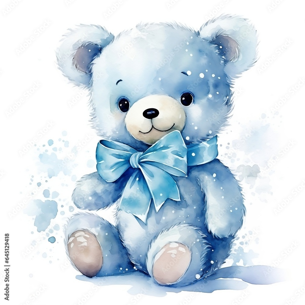 Cute blue teddy bear clipart with decoration in watercolor Stock ...