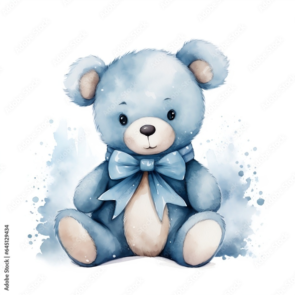 Cute blue teddy bear clipart with decoration in watercolor Stock ...