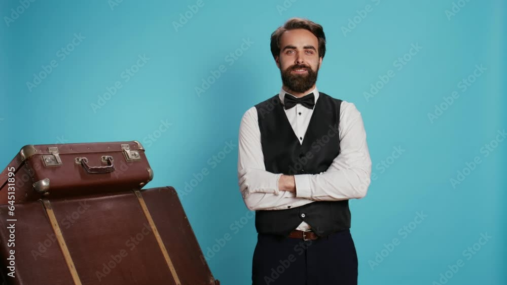 Skilled bellhop wearing white gloves and posing against blue background ...
