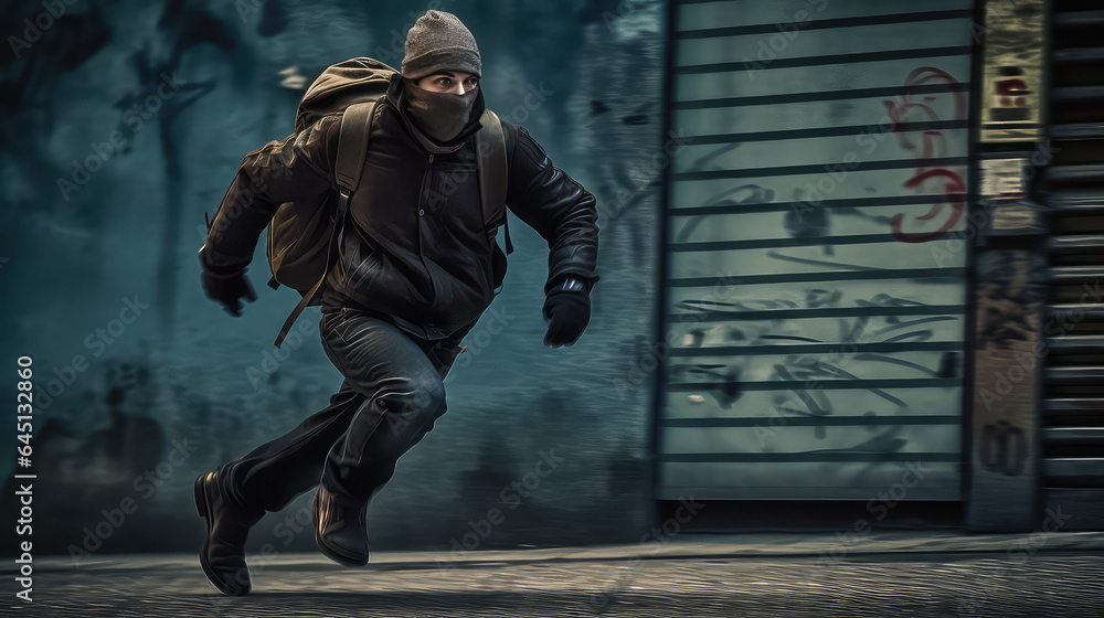 The masked and black-clad thief quickly flees the scene with a bag of ...