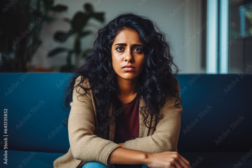 Sad indian woman sitting on sofa and being bored while watching ...