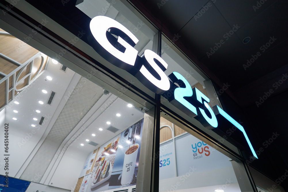 HO CHI MINH CITY, VIETNAM - MARCH 29, 2023: close up shot of GS25 sign. GS25 is a South Korean ...