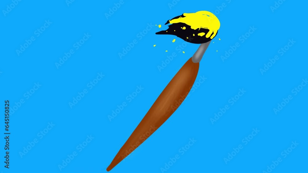 A cartoon brush paints with yellow paint on a blue screen. Artwork and ...