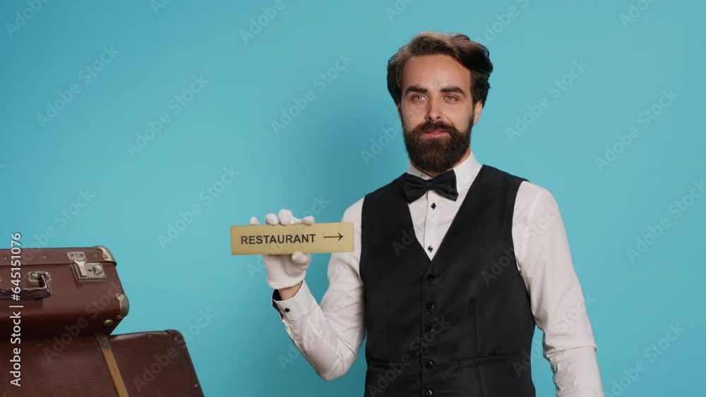 Hotel worker holds restaurant wall sign to help guests with directions ...