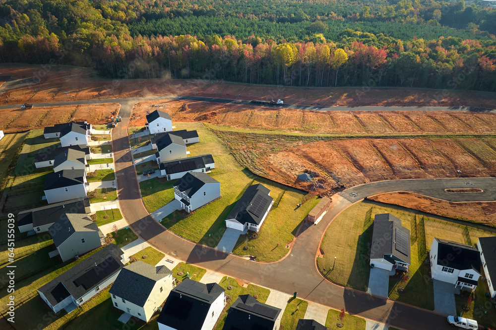 View from above of densely built residential houses under construction ...