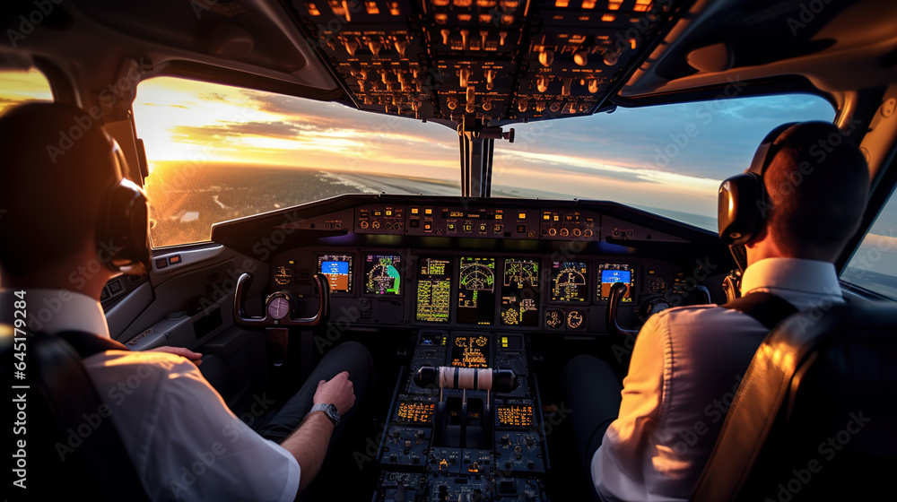 A Pilots in passenger cockpit, back view of passenger plane pilot ...