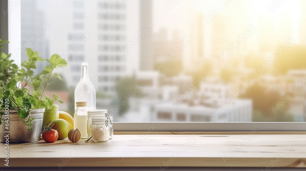 Wooden table on blurred kitchen bench background, Empty beautiful wood ...
