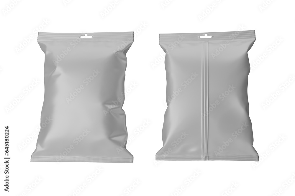 3d rendering empty white snack packaging front back with transparent ...