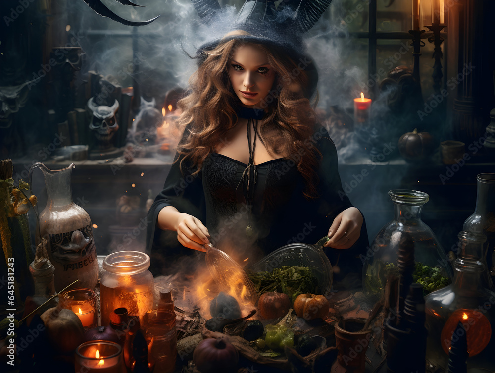 Witch in dark and mystical potion rooma, surrounded by an array of ...