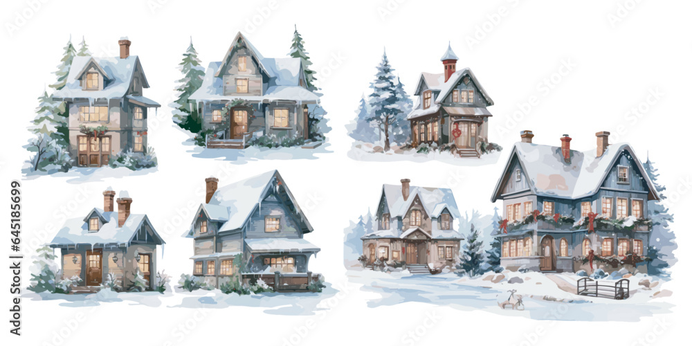 watercolor christmas village clipart for graphic resources Stock Vector ...