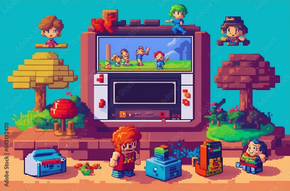 a vibrant pixel art scene of a classic retro gaming console surrounded ...