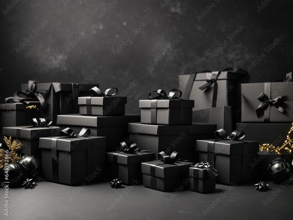 Arranged Gifts boxes wrapped in black paper with black ribbon on black ...