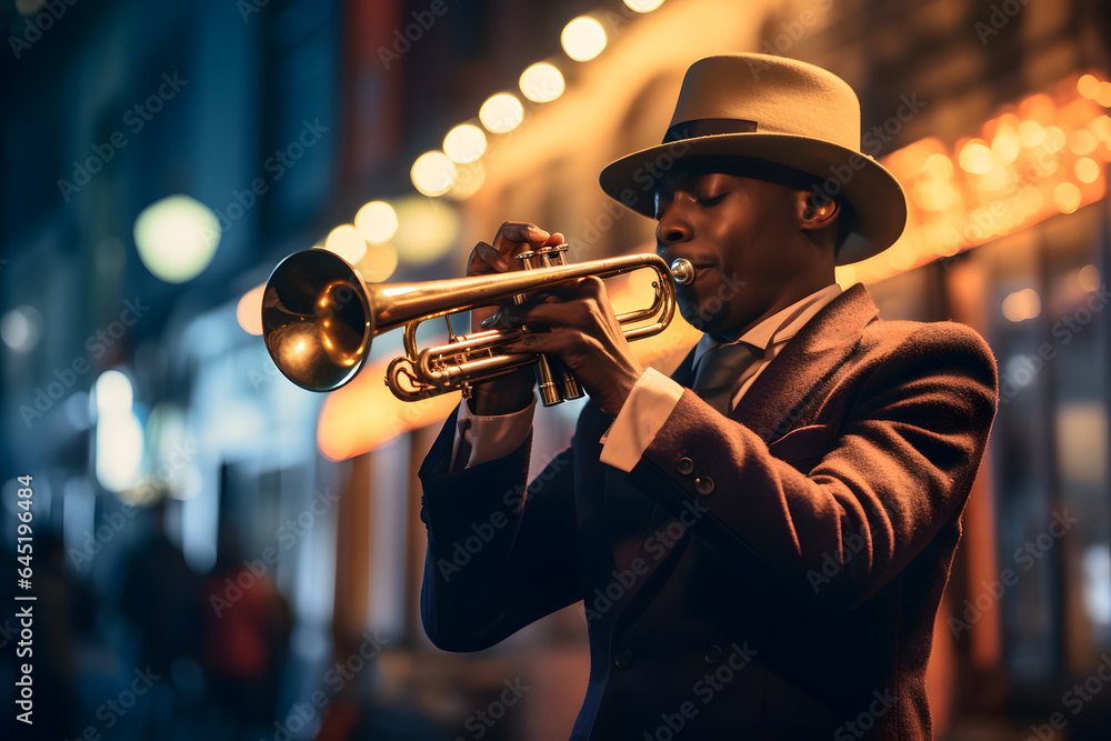 A trumpet player wearing a hat and playing a trumpet in a street Stock ...