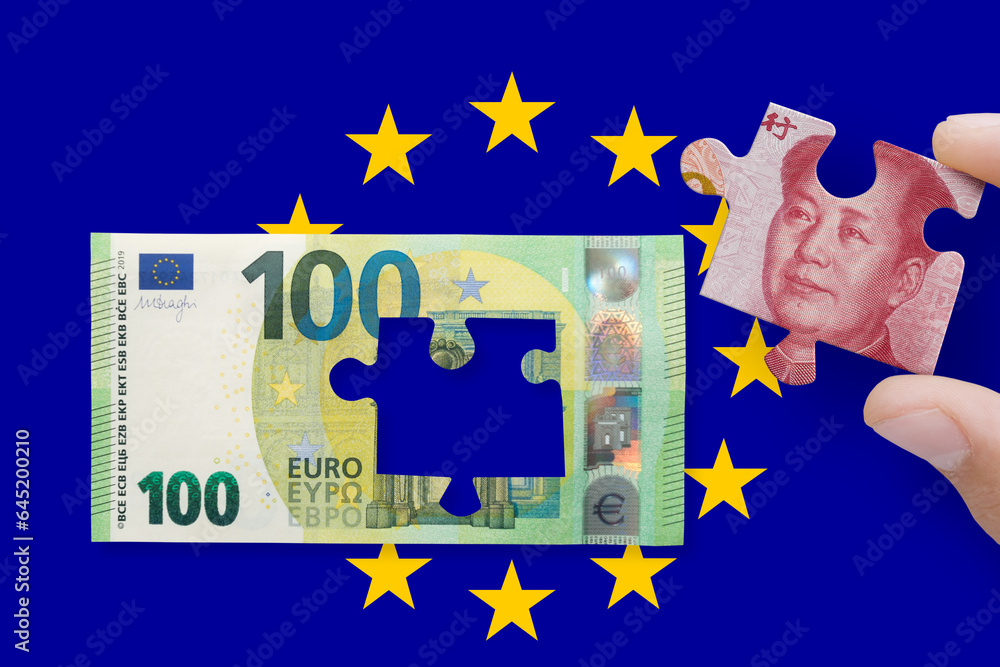 100 Euro Note Isolated On A EU Flag With 100 Yuan Europe Union And 100-euro-note-isolated-on-a-eu-flag-with-100-yuan-europe-union-and