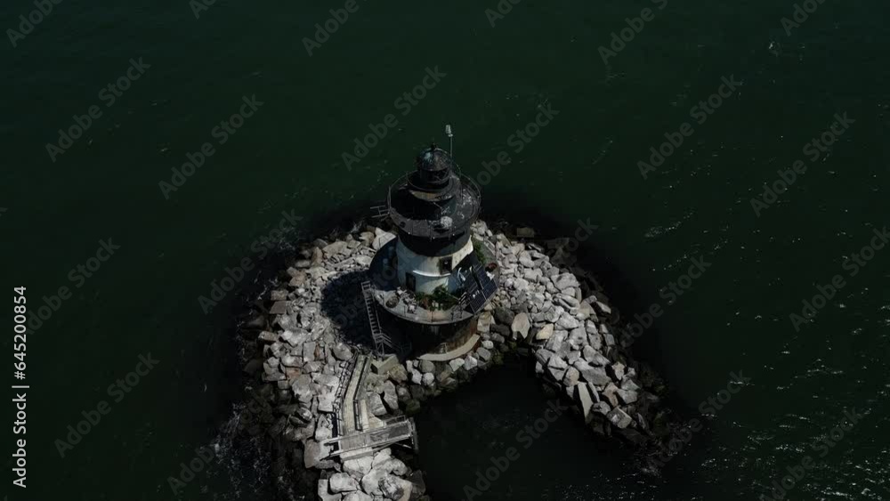 An aerial view the Orient Point lighthouse off the east end of Orient ...