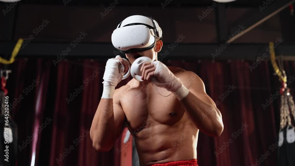 Boxer training utilizing VR technology or virtual reality, wearing VR ...