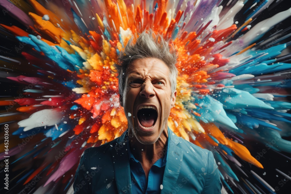 Man Screaming with an Explosion of Bursting Colors Behind his Head ...