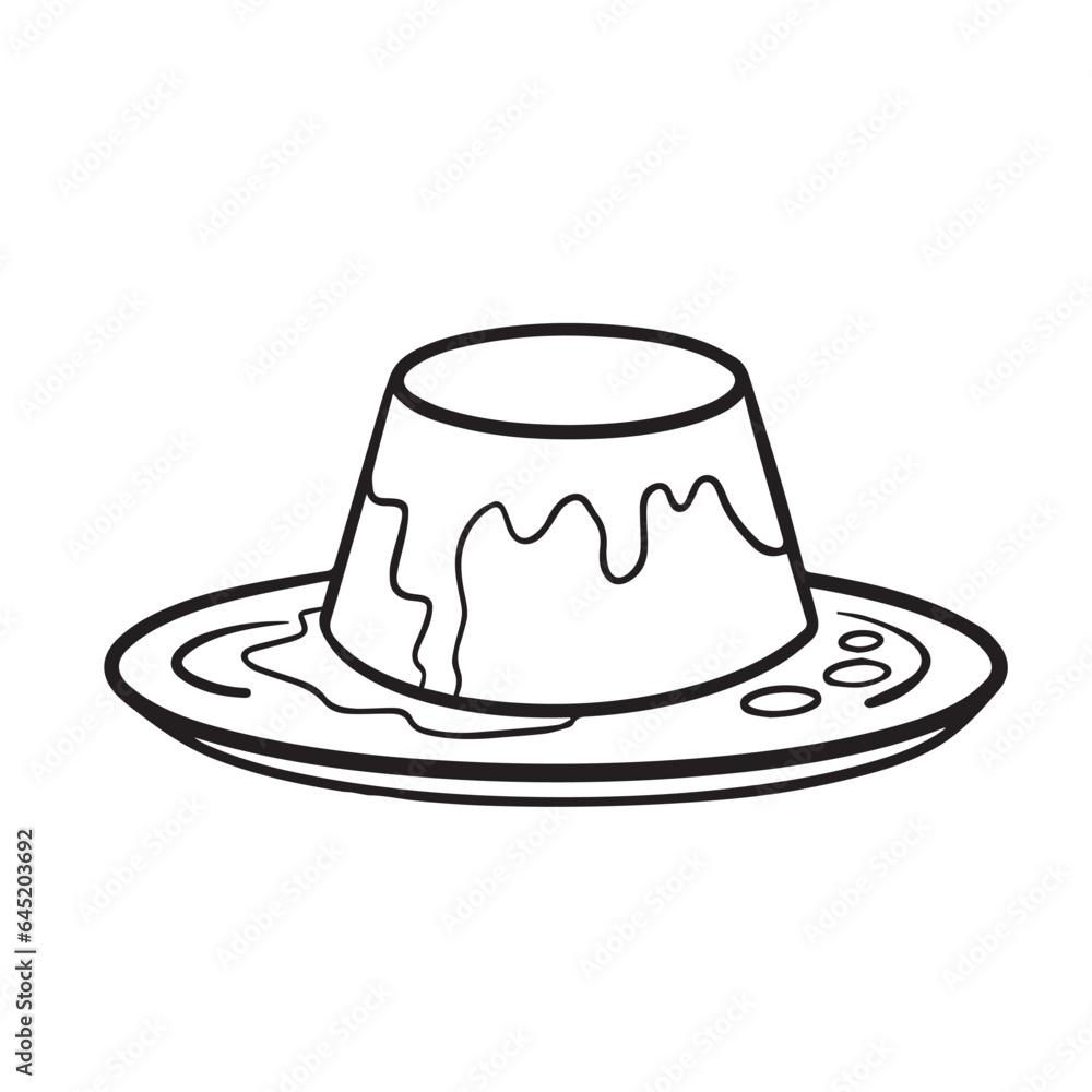 Black and white outline only pudding on top of plate with dripping ...
