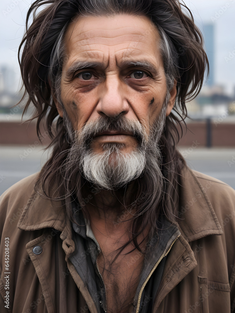 Grey bearded homeless elderly man with long hair and dirty face ...