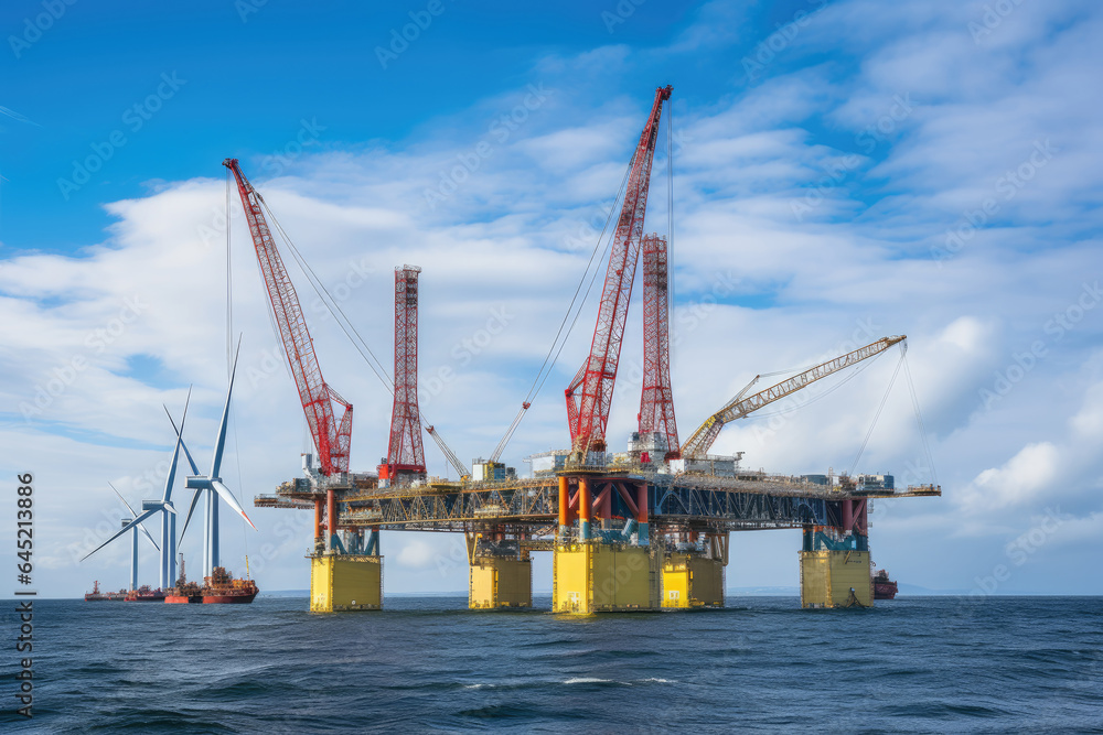 Aerial view of Offshore oil and gas rig construction station platform ...