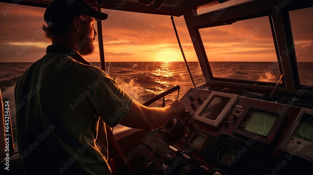 Fishing boat captain expertly directs the vessel, wind, river , captain ...