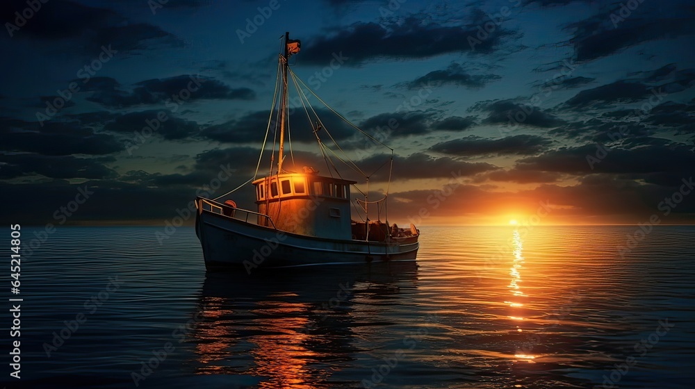 Fishing boat is bathed in the shimmering radiance of a full moon ...