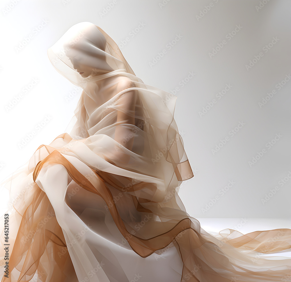 Fashion surreal Concept. Silhouette woman clad wrap with white ivory ...