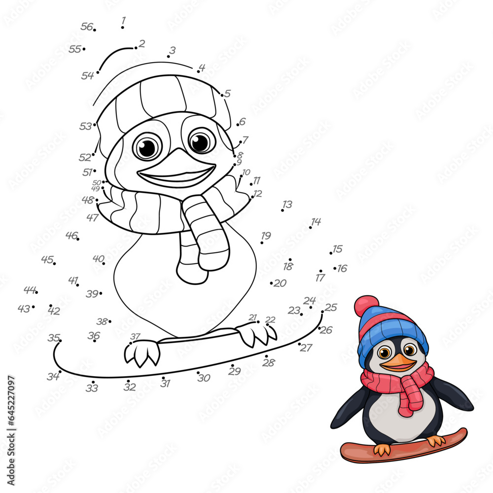 Game "Dot to dot". Draw a line. A penguin in a hat and scarf rides a ...