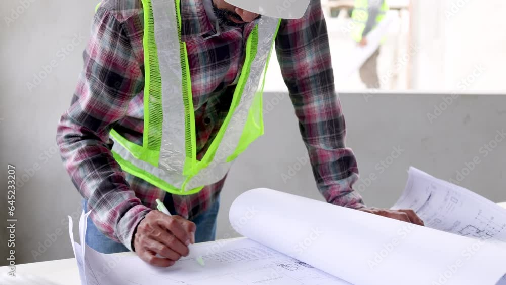 Unrecognizable face engineer foreman contractor examining blueprints ...