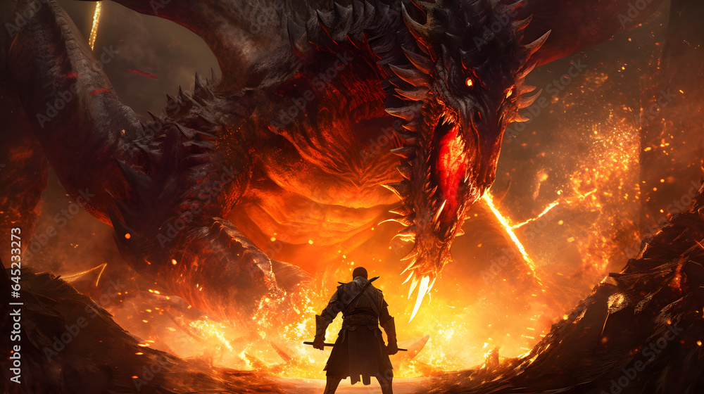 Fire breathes explode from a giant dragon in a black night. generative ...