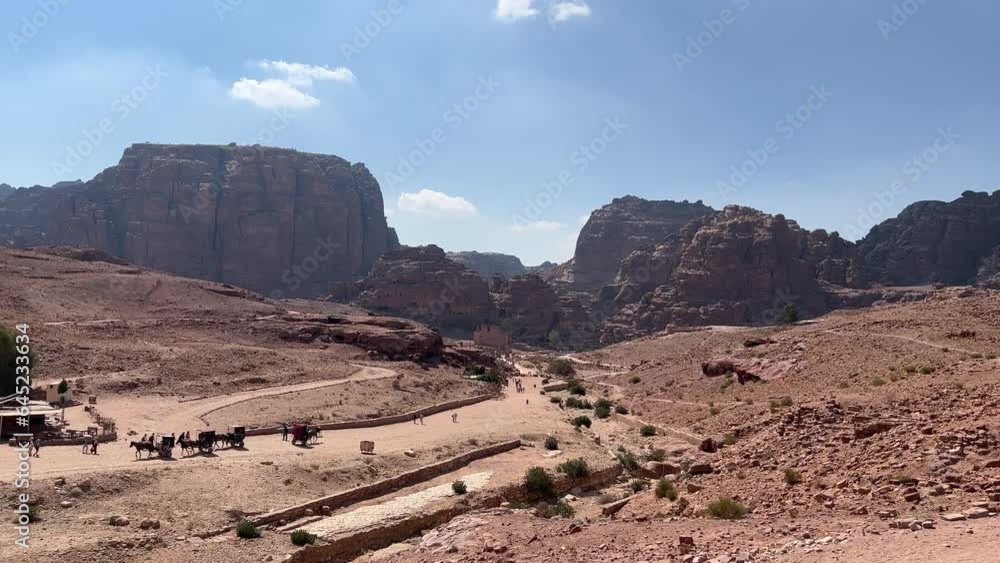 Petra valley in Wadi Musa, Jordan with The Treasury in the middle of a ...