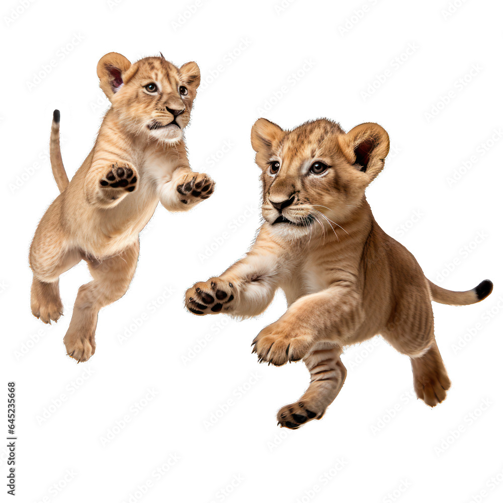 cute african lion cubs jumping towards camera, isolated on transparent ...