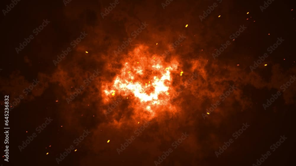 Abstract explosion of burning particles from a fire, flashes and sparks ...