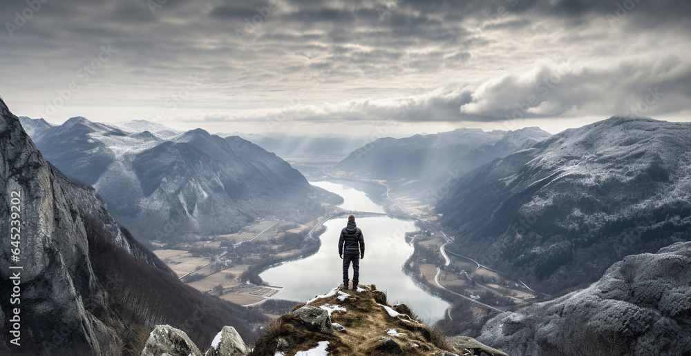 Man on top of a mountain. Enjoying the view of the landscape with ...