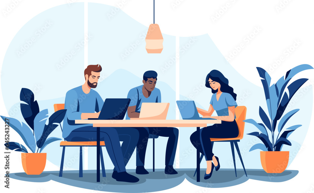 Flat vector illustration. A group of people, a girl and guys, working ...