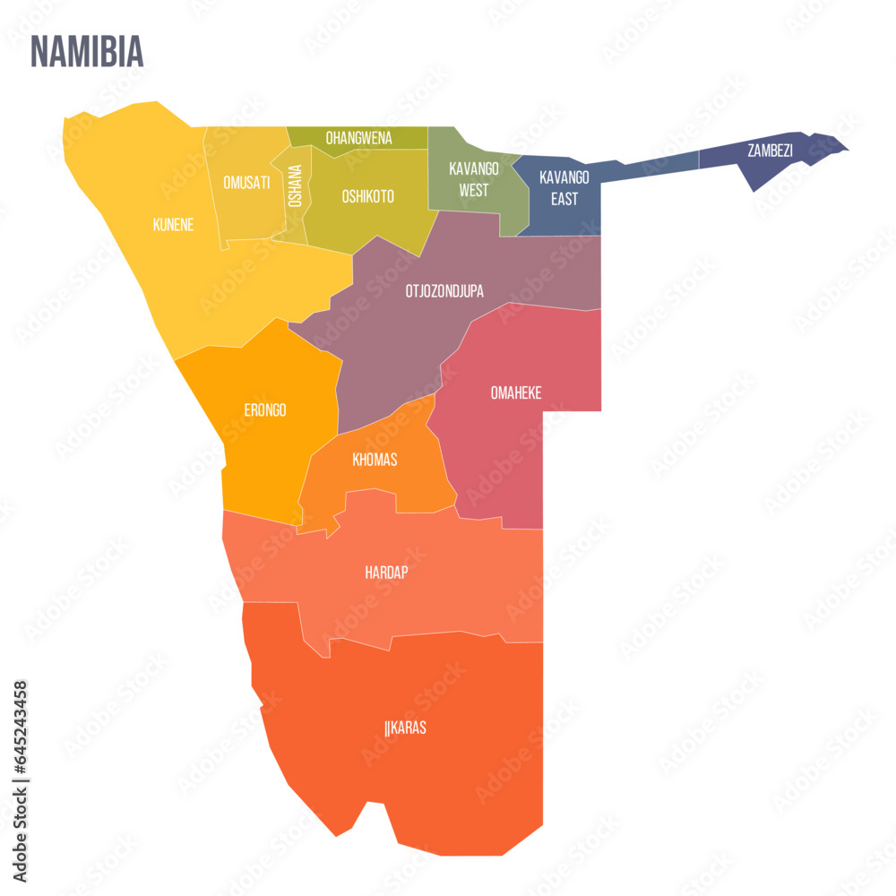 Namibia political map of administrative divisions - regions. Colorful ...