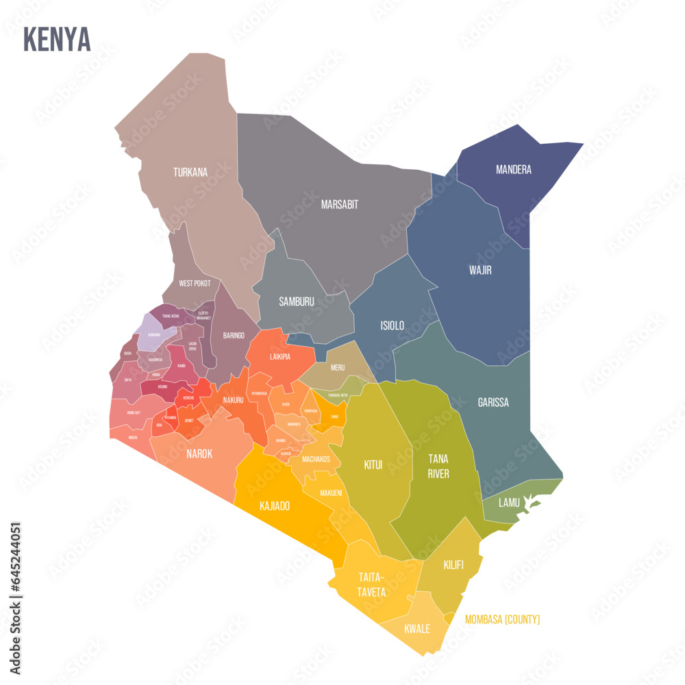Kenya political map of administrative divisions - counties. Colorful ...