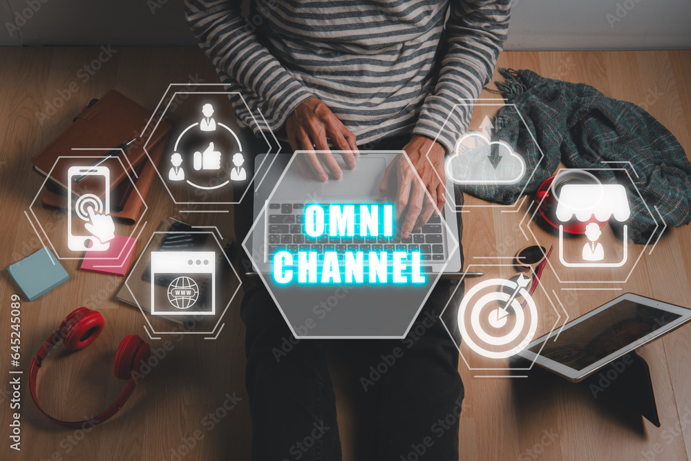 Omni channel concept, Person using laptop computer with omni channel ...