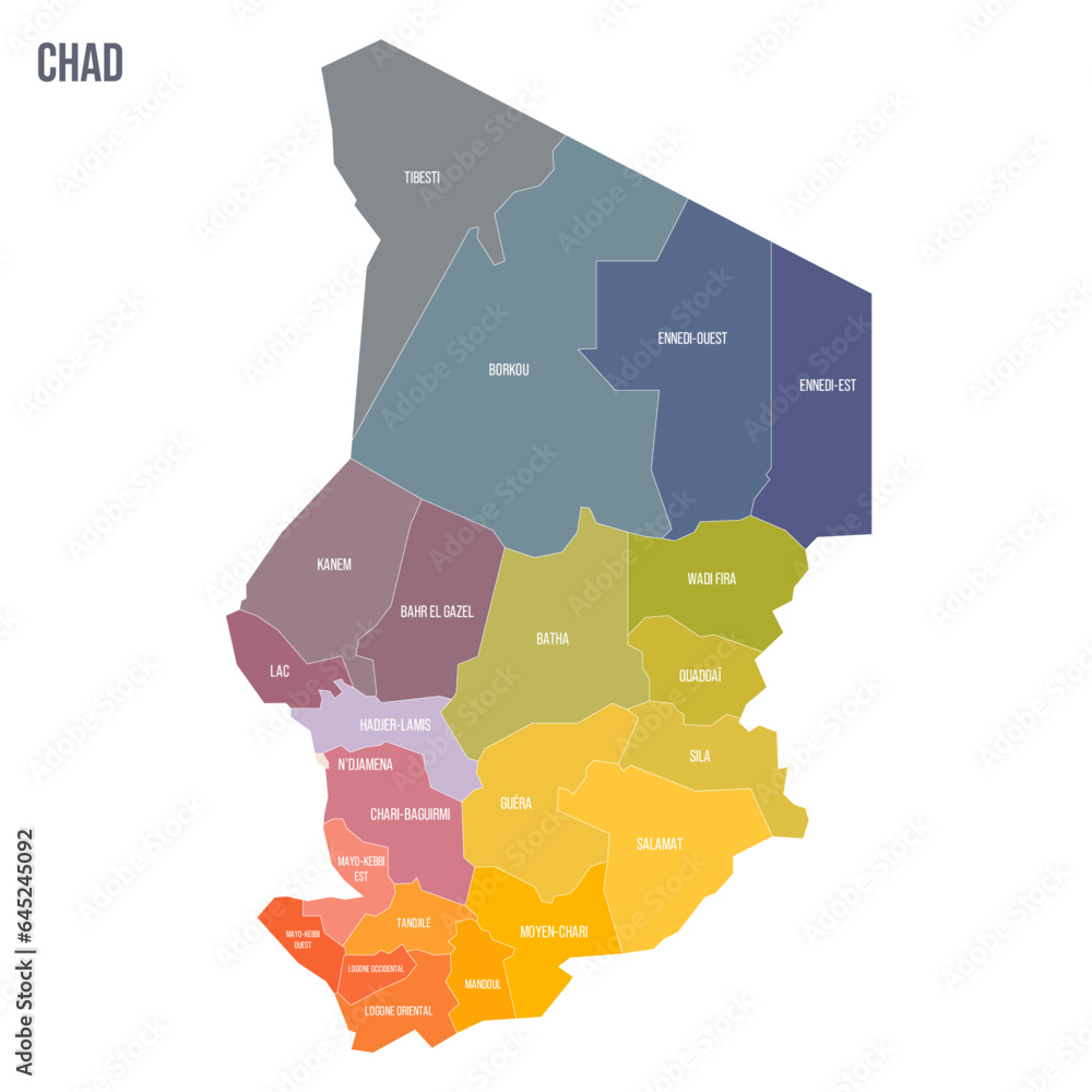 Chad political map of administrative divisions - regions. Colorful ...