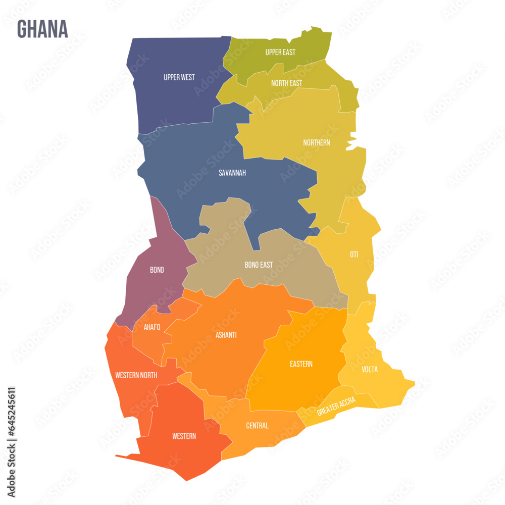 Ghana political map of administrative divisions - regions. Colorful ...