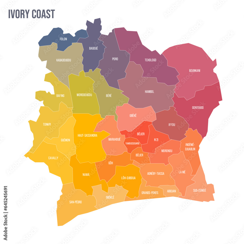 Ivory Coast political map of administrative divisions - regions and ...